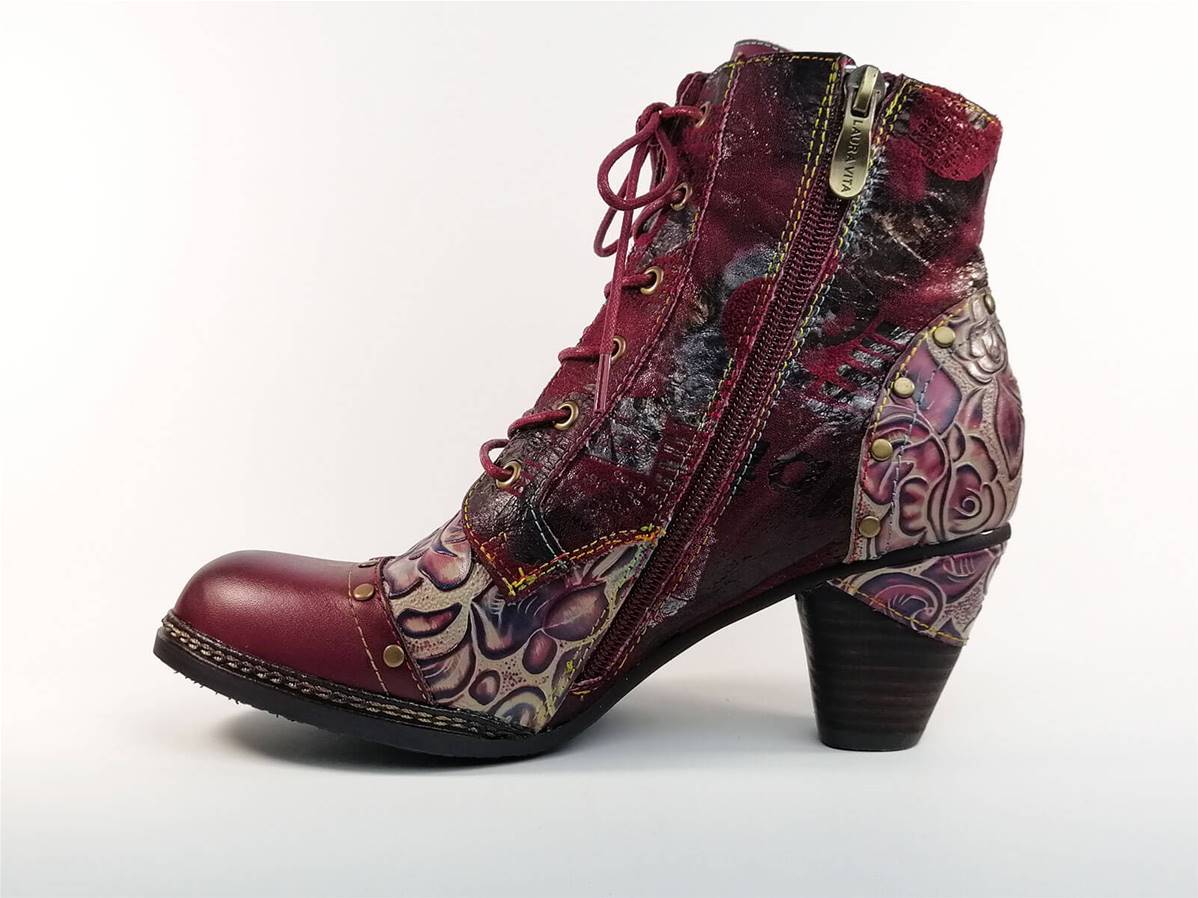 Bottine à talon en cuir et textile rouge bordeaux LAURA VITA