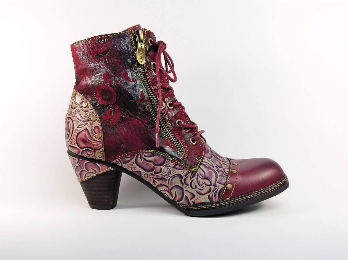 Bottine à talon en cuir et textile rouge bordeaux LAURA VITA